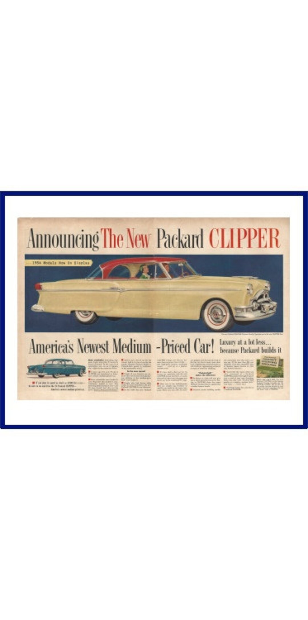PACKARD CLIPPER AUTOMOBILE Original 1954 Vintage Extra Large Color ...