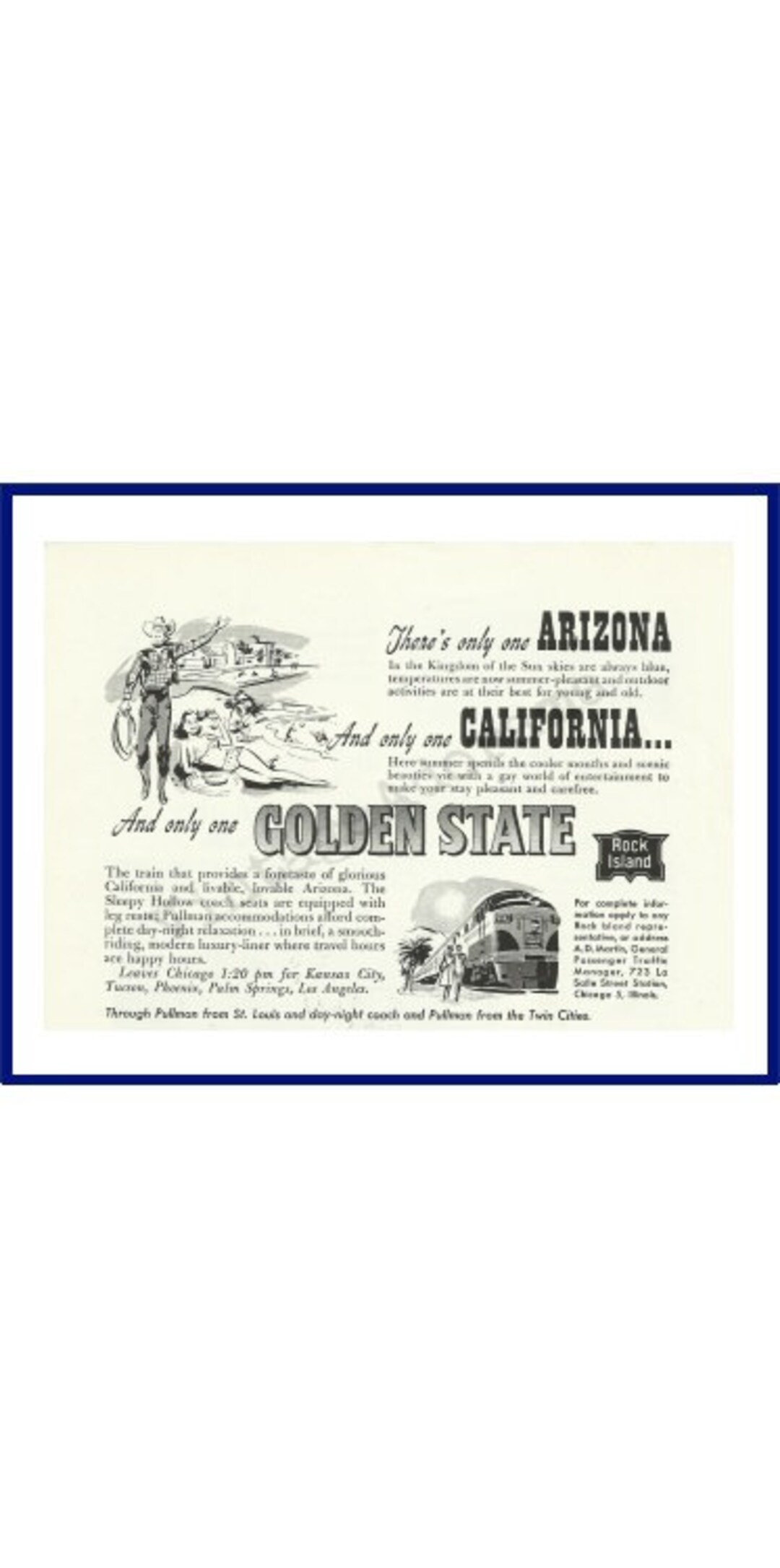 GOLDEN STATE TRAIN / Rock Island Railroad Original 1953 Vintage Black ...