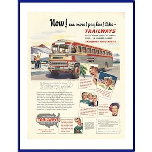 NATIONAL TRAILWAYS BUS System Original 1950 Vintage Extra Large Color ...