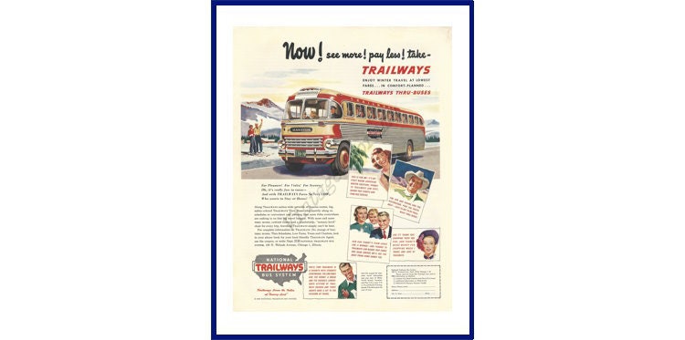 NATIONAL TRAILWAYS BUS System Original 1950 Vintage Extra Large Color ...