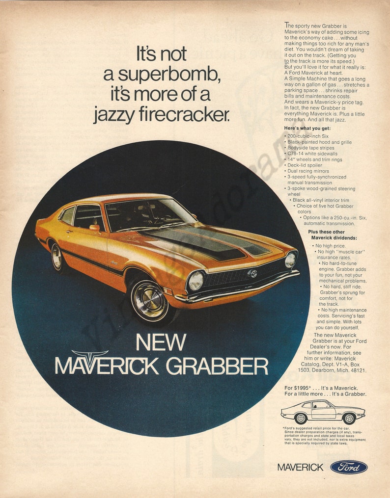 FORD MAVERICK GRABBER Automobile Original 1970 Vintage Extra Large ...