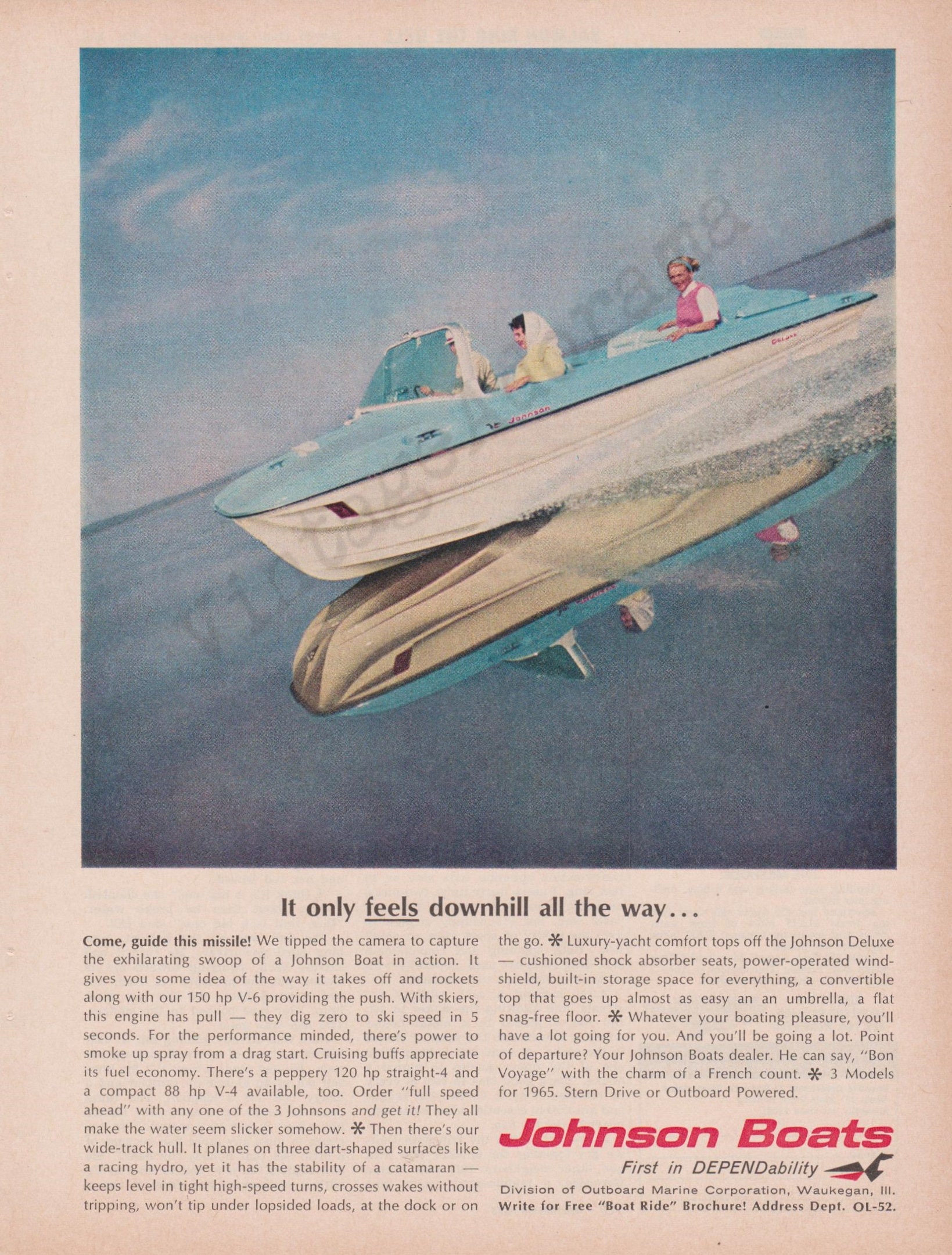 JOHNSON BOATS Original 1965 Vintage Color Print Anuncio Familia en Azul ...