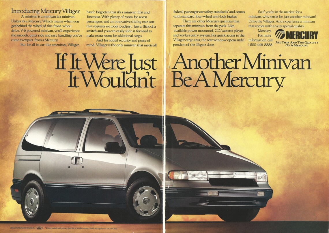 MERCURY VILLAGER MINIVAN Original 1992 Vintage Color Print ...