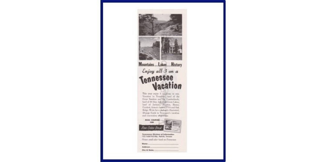 TENNESSEE Original 1956 Vintage Black & White Print Advertisement ...