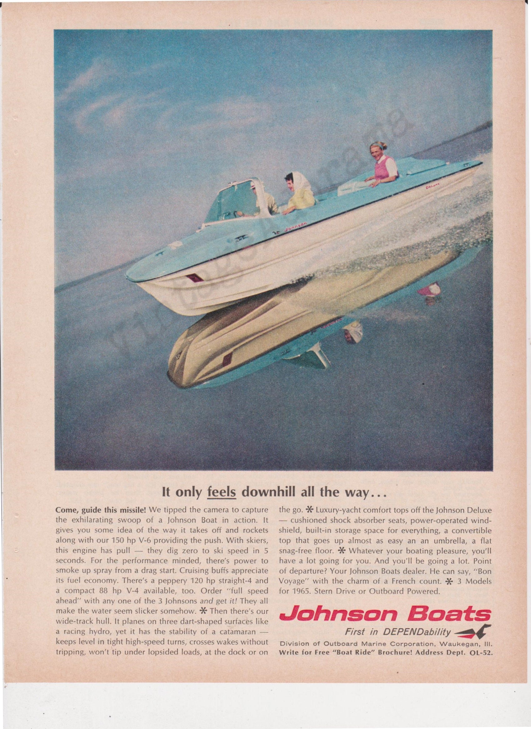 JOHNSON BOATS Original 1965 Vintage Color Print Anuncio Familia en Azul ...