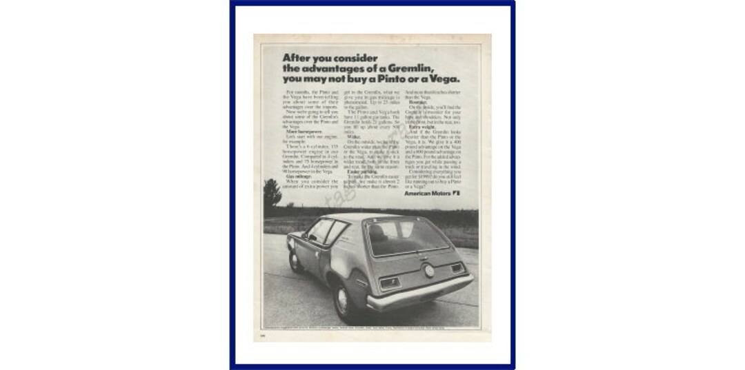 AMERICAN MOTORS GREMLIN Automobile Original 1971 Vintage Print ...