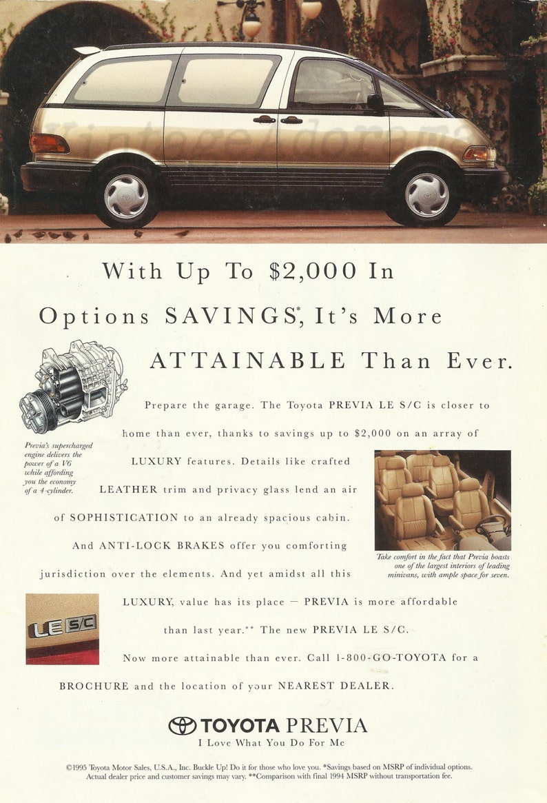 TOYOTA PREVIA MINIVAN Original 1995 Vintage Color Print Advertisement ...