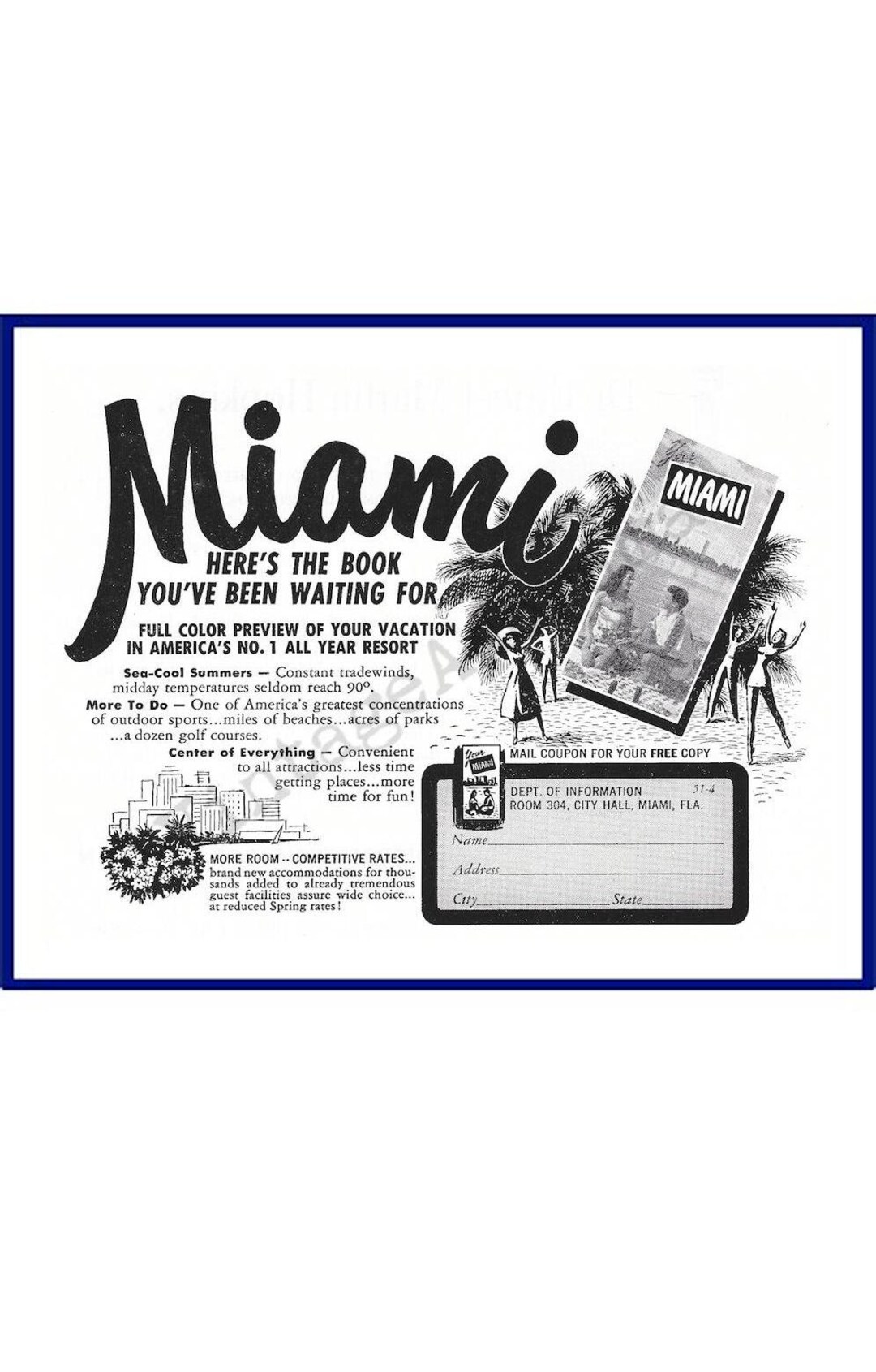 MIAMI, FLORIDA Original 1951 Vintage Black & White Print Advertisement ...
