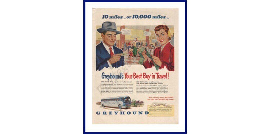 GREYHOUND BUS LINE Original 1952 Vintage Extra Large Color Print ...