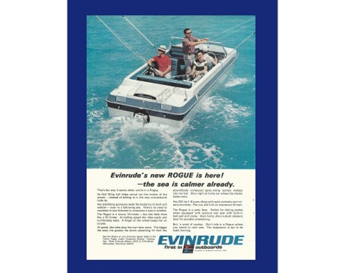 EVINRUDE ROGUE BOAT Original 1967 Vintage Color Print Ad - Four Men ...