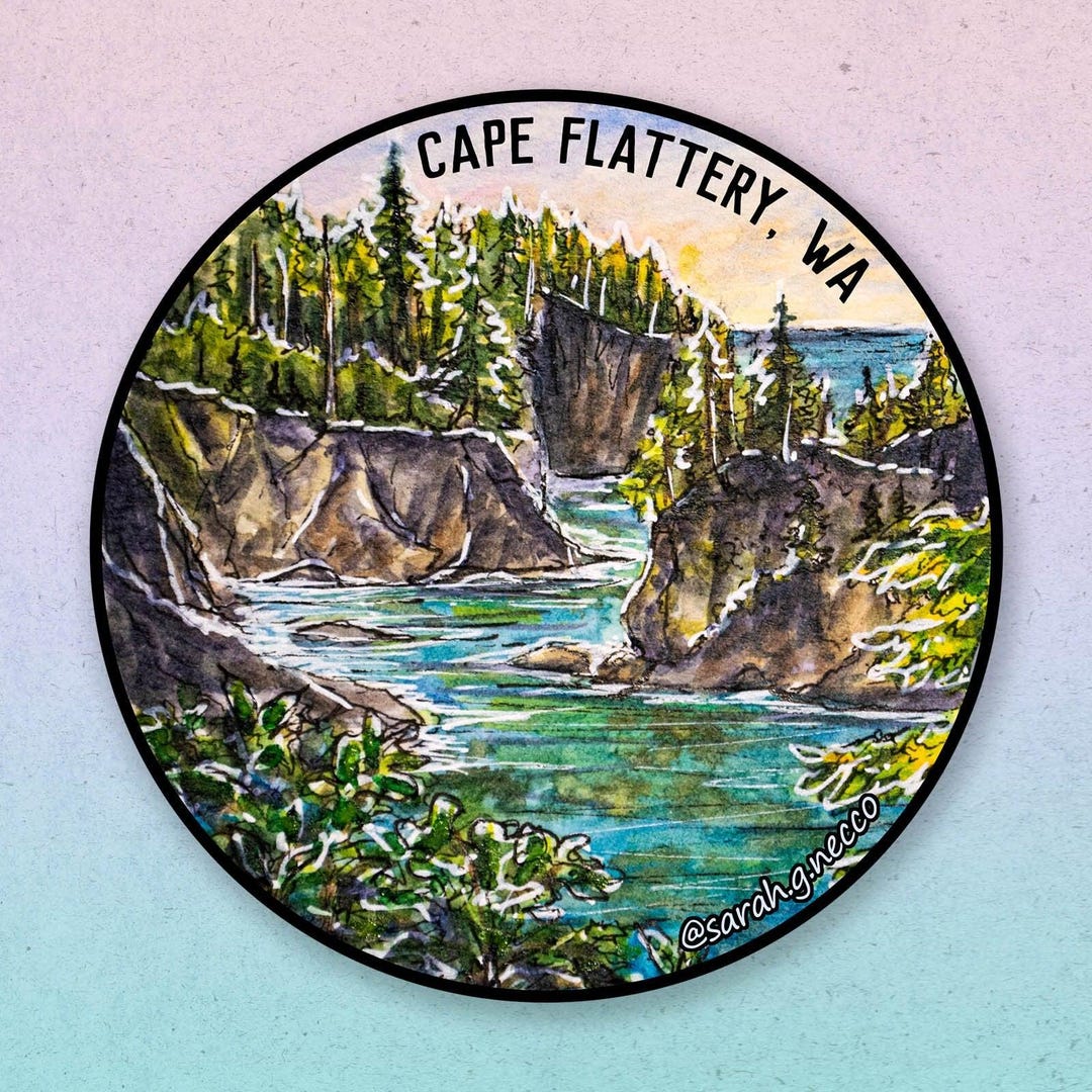 Cape Flattery WA, Vinyl Circle 3" Sticker- Watercolor Painting of Cape ...