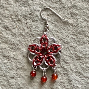 Red Celtic Star Chainmail Earrings Red Agate Beaded Chandelier Earrings ...