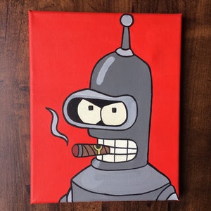 Futurama Cigar Smoking Angry Bender - Hand Painted Painting - Canvas ...