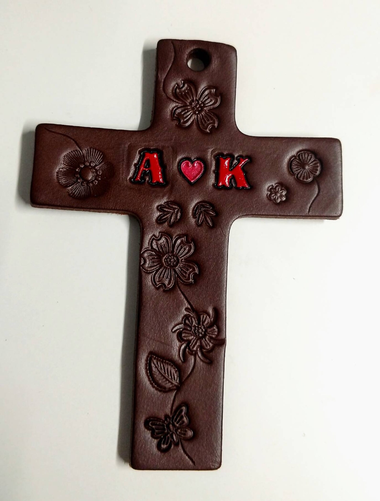 Brown Leather Custom Cross Heart Love Your Initials Flowers Floral ...