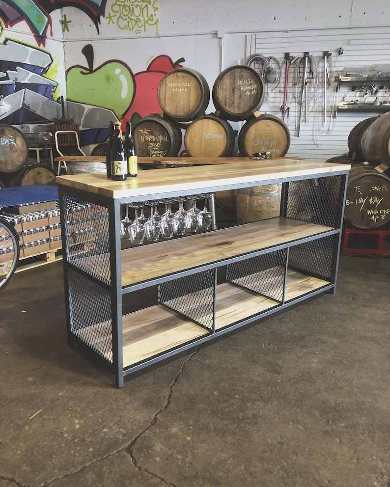 Modern Industrial Steel and Maple Bar Console / Wine Rack / Bar Stand ...