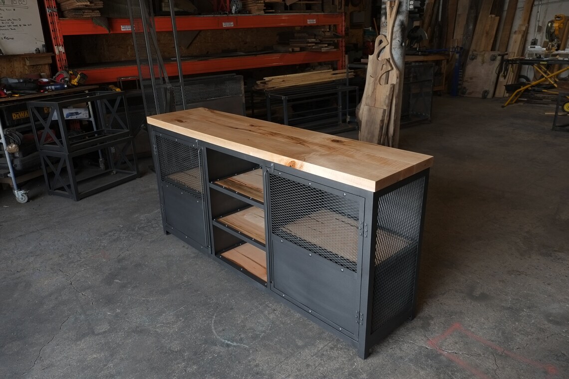 Industrial Steel and Wormy Maple Media Console/ Bar Cart/ - Etsy