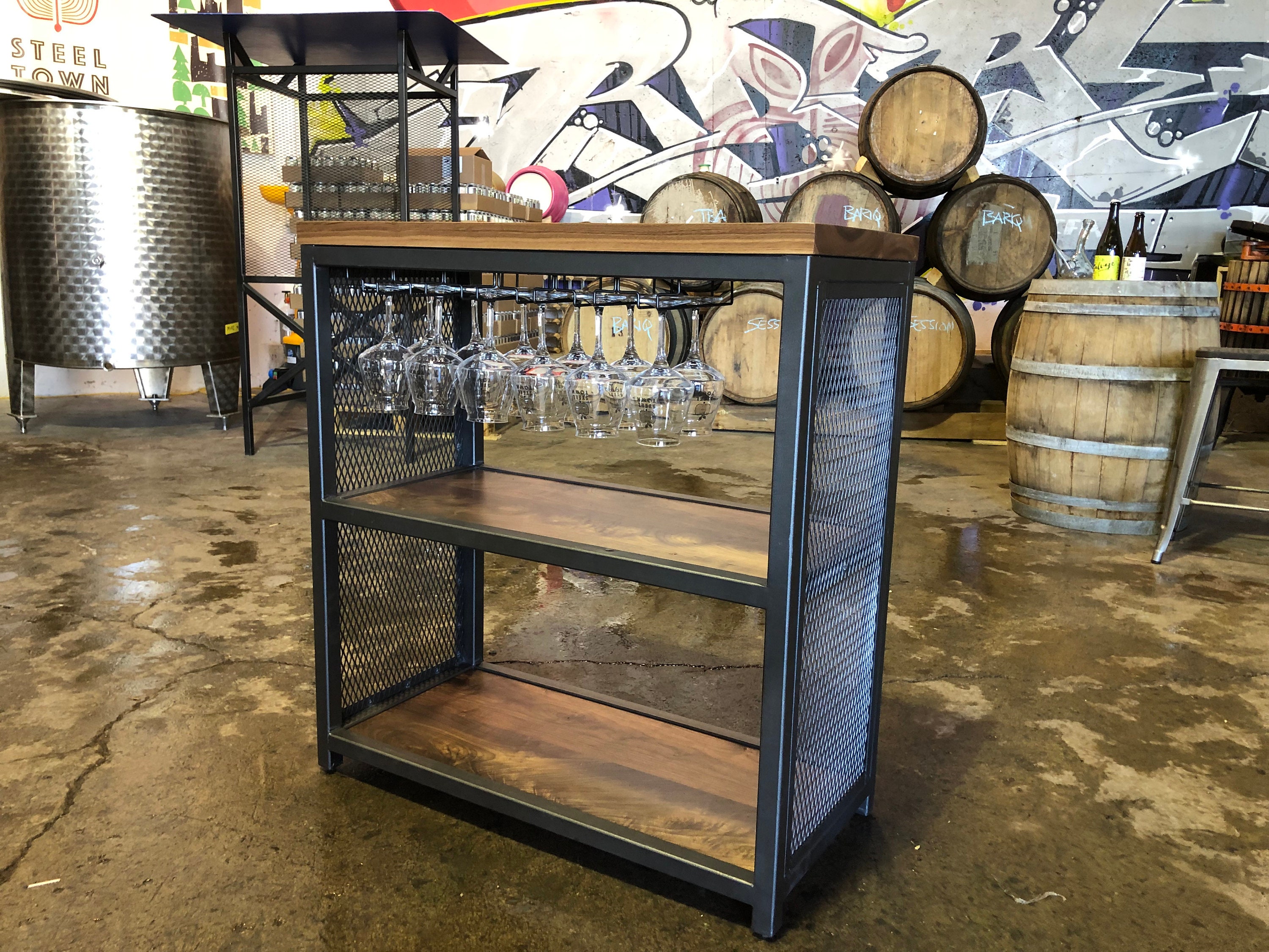 Steel and Walnut Bar/liquor Console W/stemmed Wineglass Racks | Etsy
