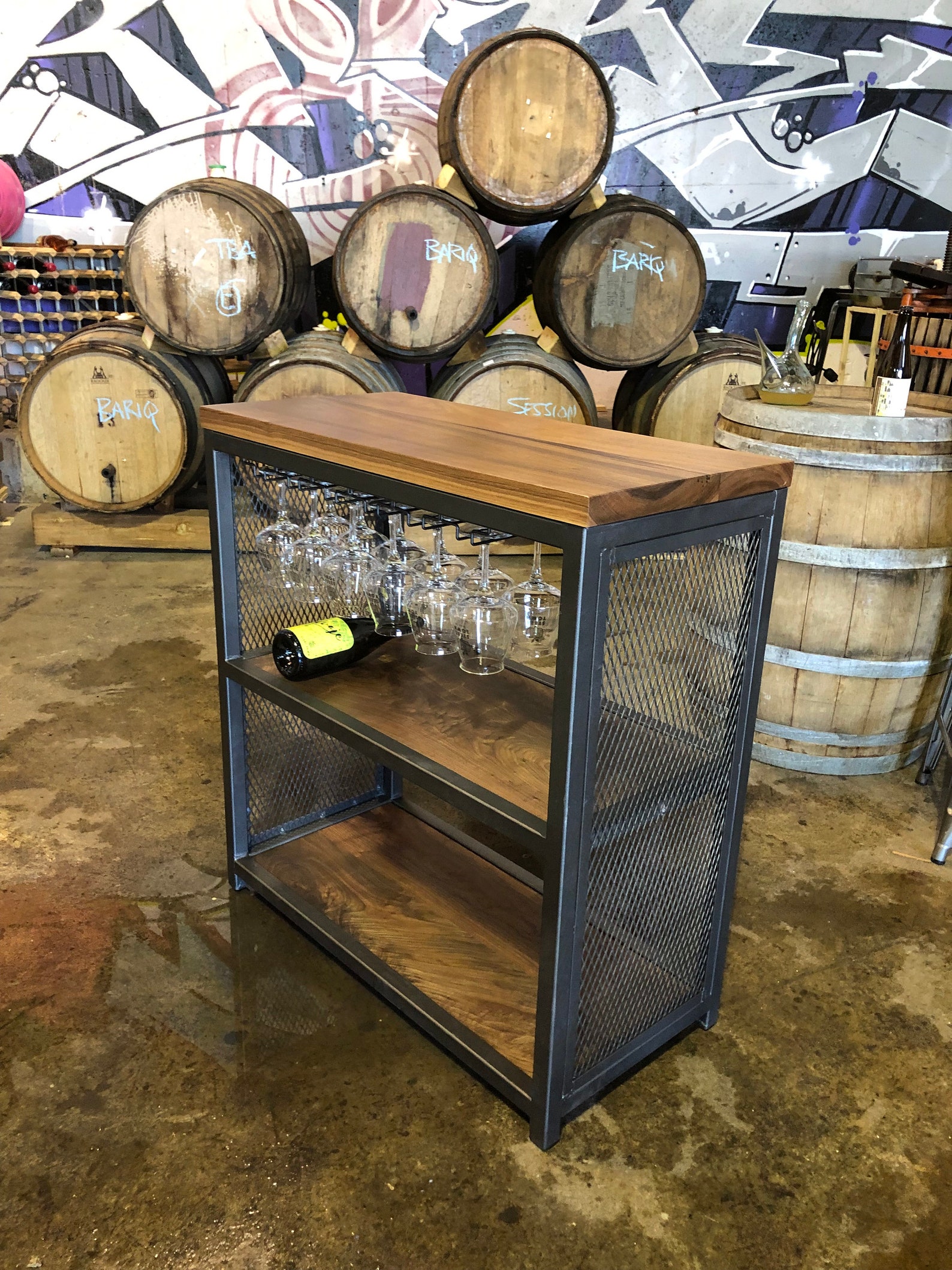 Steel and Walnut Bar/liquor Console W/stemmed Wineglass Racks - Etsy