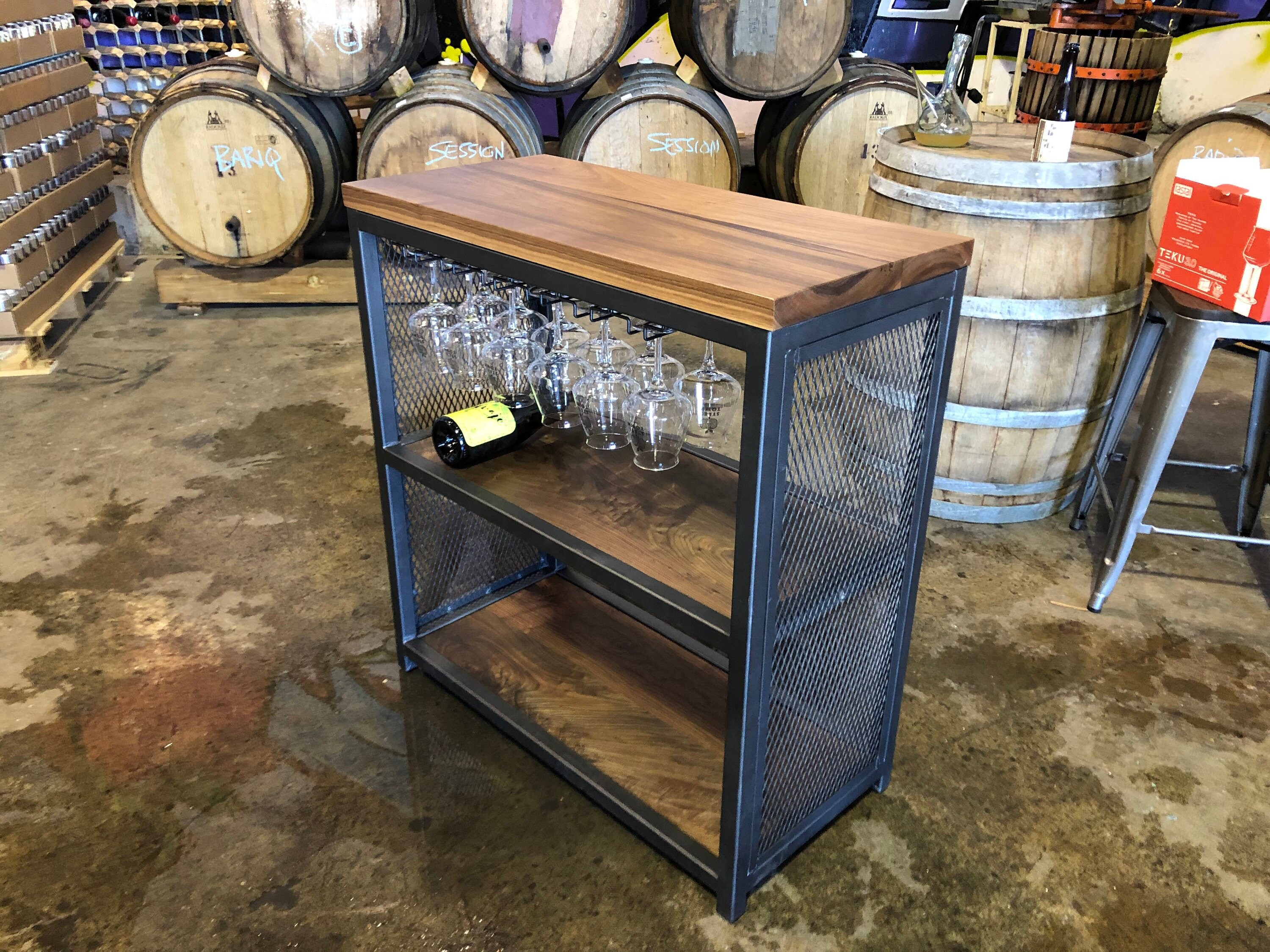 Steel and Walnut Bar/liquor Console W/stemmed Wineglass Racks | Etsy