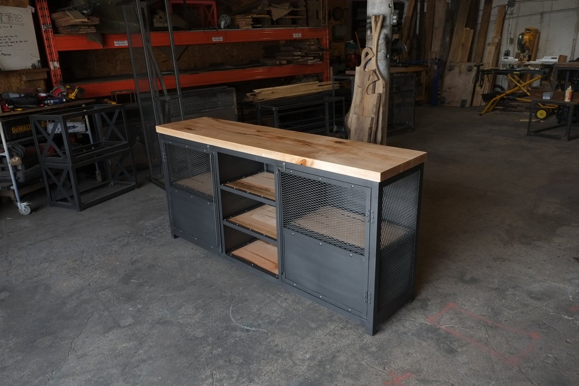 Industrial Steel and Wormy Maple Media Console/ Bar Cart/ - Etsy