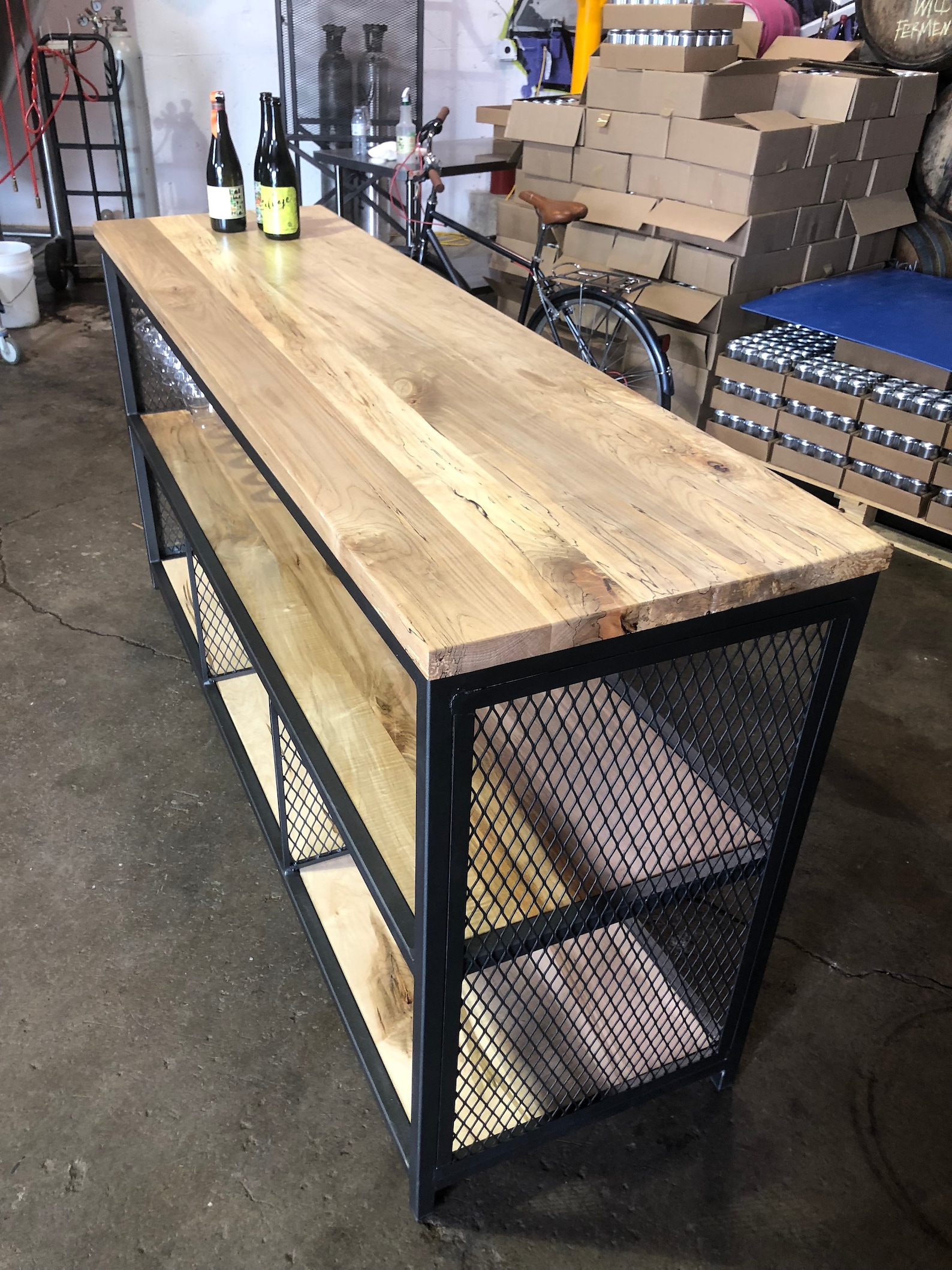 Modern Industrial Steel and Maple Bar Console / Wine Rack / Bar Stand ...
