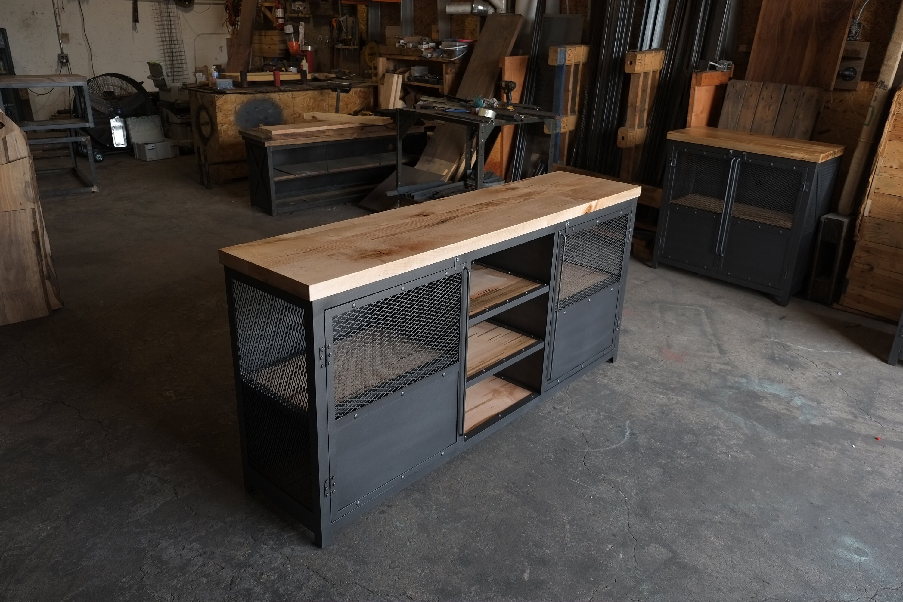 Industrial Steel and Wormy Maple Media Console/ Bar Cart/ | Etsy