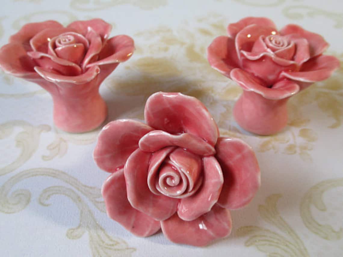 Knobs Rose Flower / Shabby Chic Dresser Knobs / Pink Ceramic - Etsy