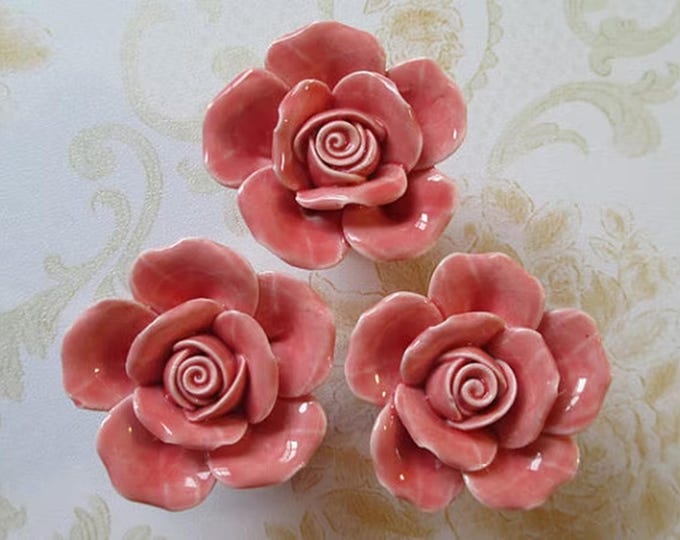Knobs Rose Flower / Shabby Chic Dresser Knobs / Pink Ceramic Drawer Knobs Pulls Handles / Unique ...