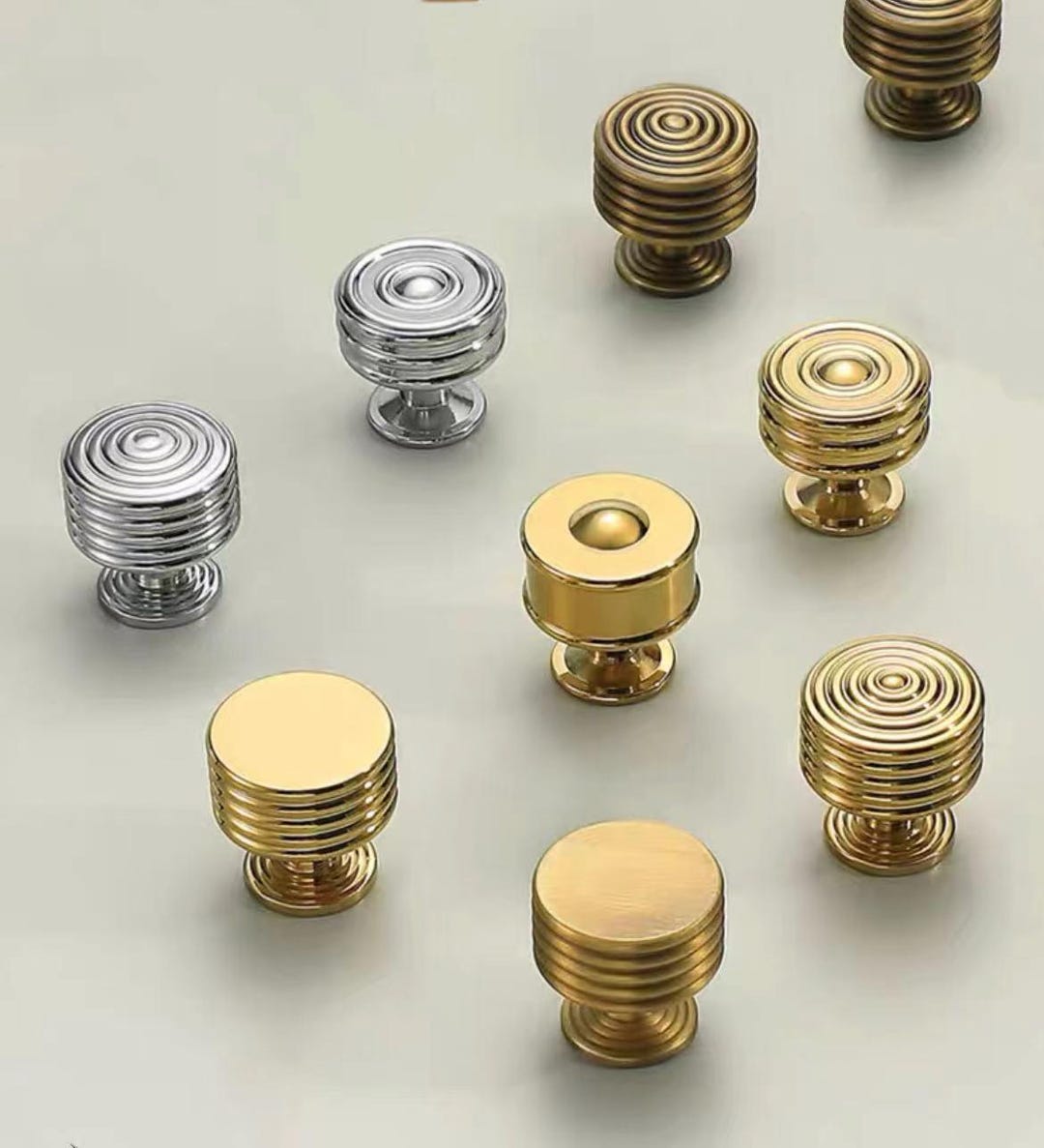 Brass Cabinet Round Knobs Ringed Dresser Drawer Pulls Gold Chrome Silver Antique Bronze Reeded ...