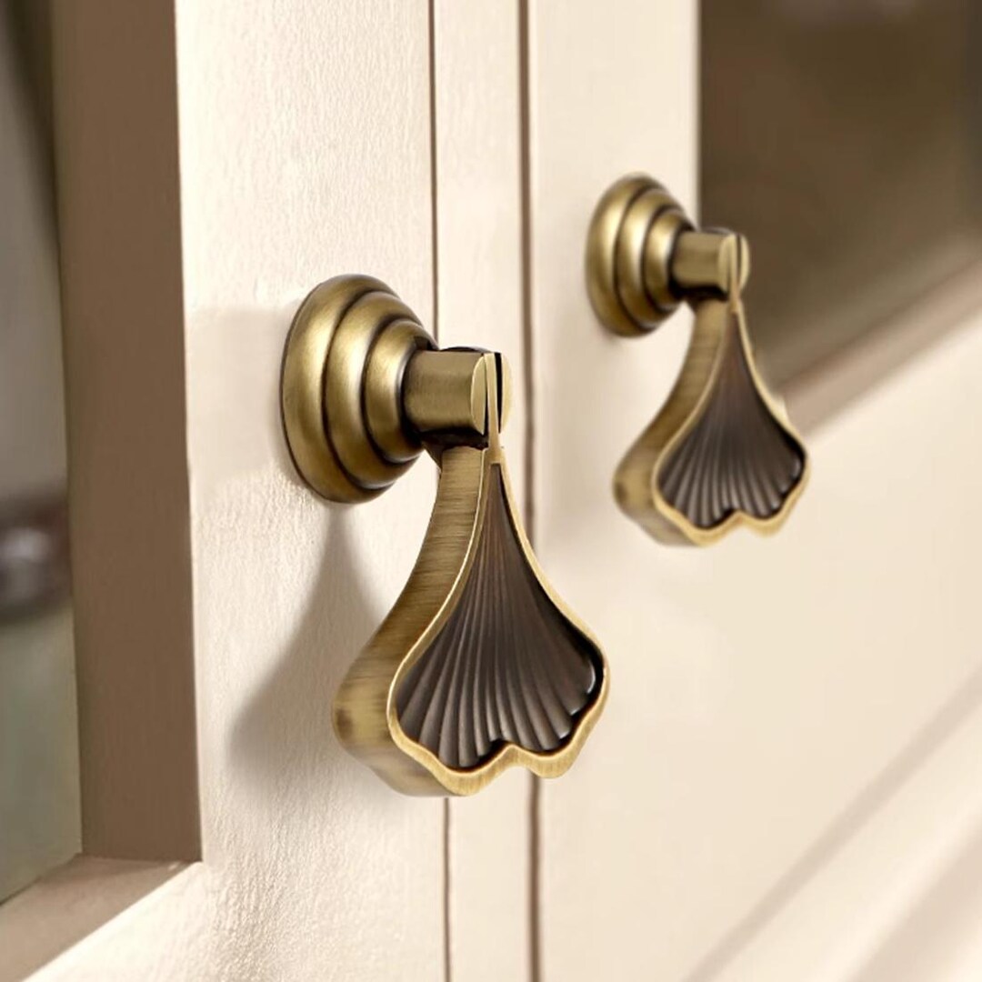 Brass Knobs Ginkgo Leaf Drop Drawer Pulls Solid Brass Cabinet Knobs Leafy Dresser Handle Gold ...