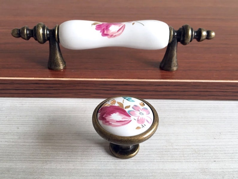 3 Floral Drawer Pulls Handles Ceramic Dresser Knob Pull | Etsy