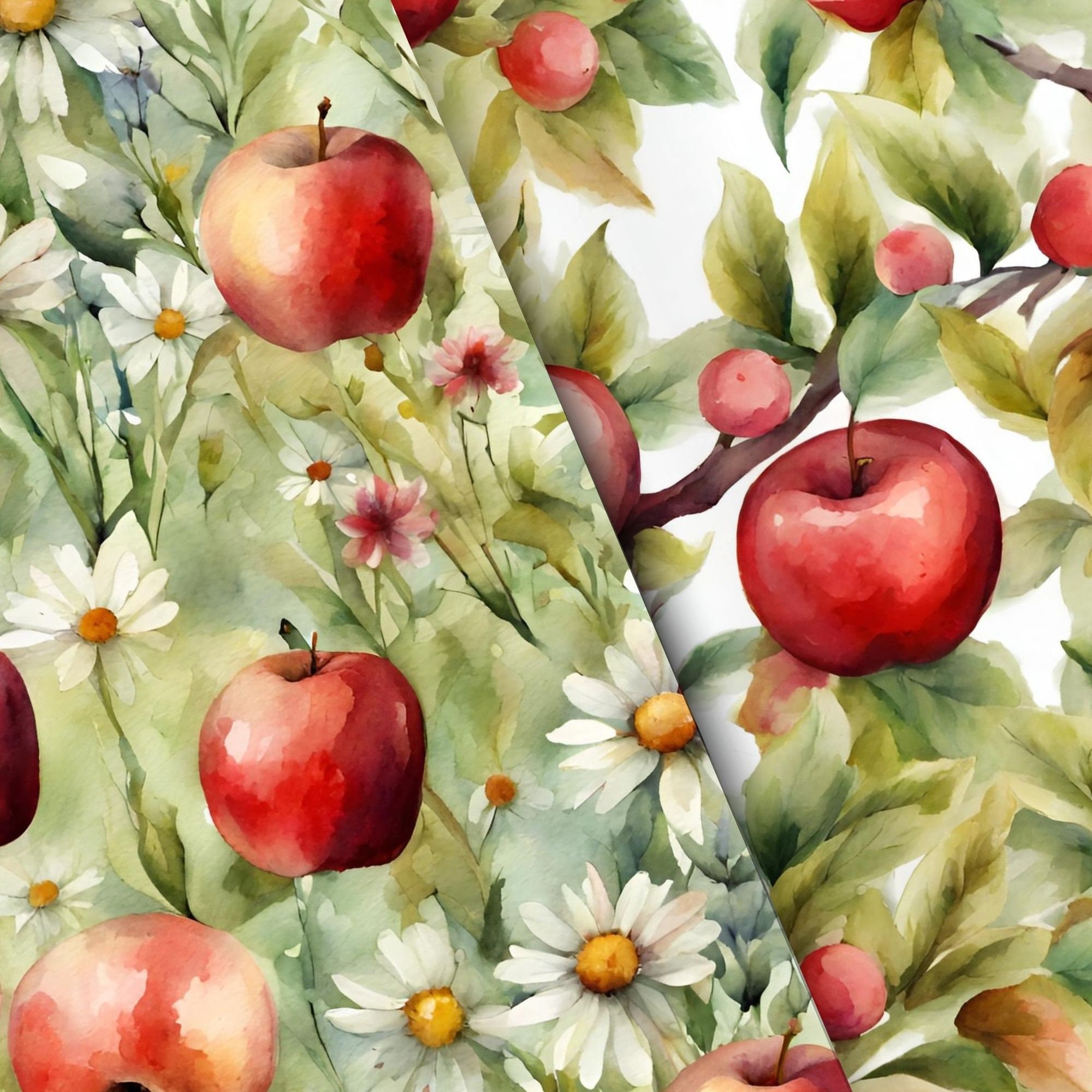 Watercolor Red Apples Pattern Digital Papers, Summer Themed Digital ...