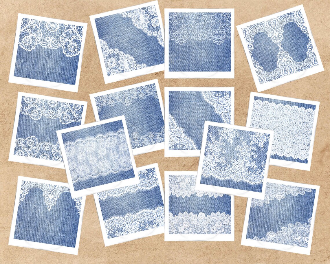 Denim & Lace Textured Digital Papers, Washed Denim Digital Background ...