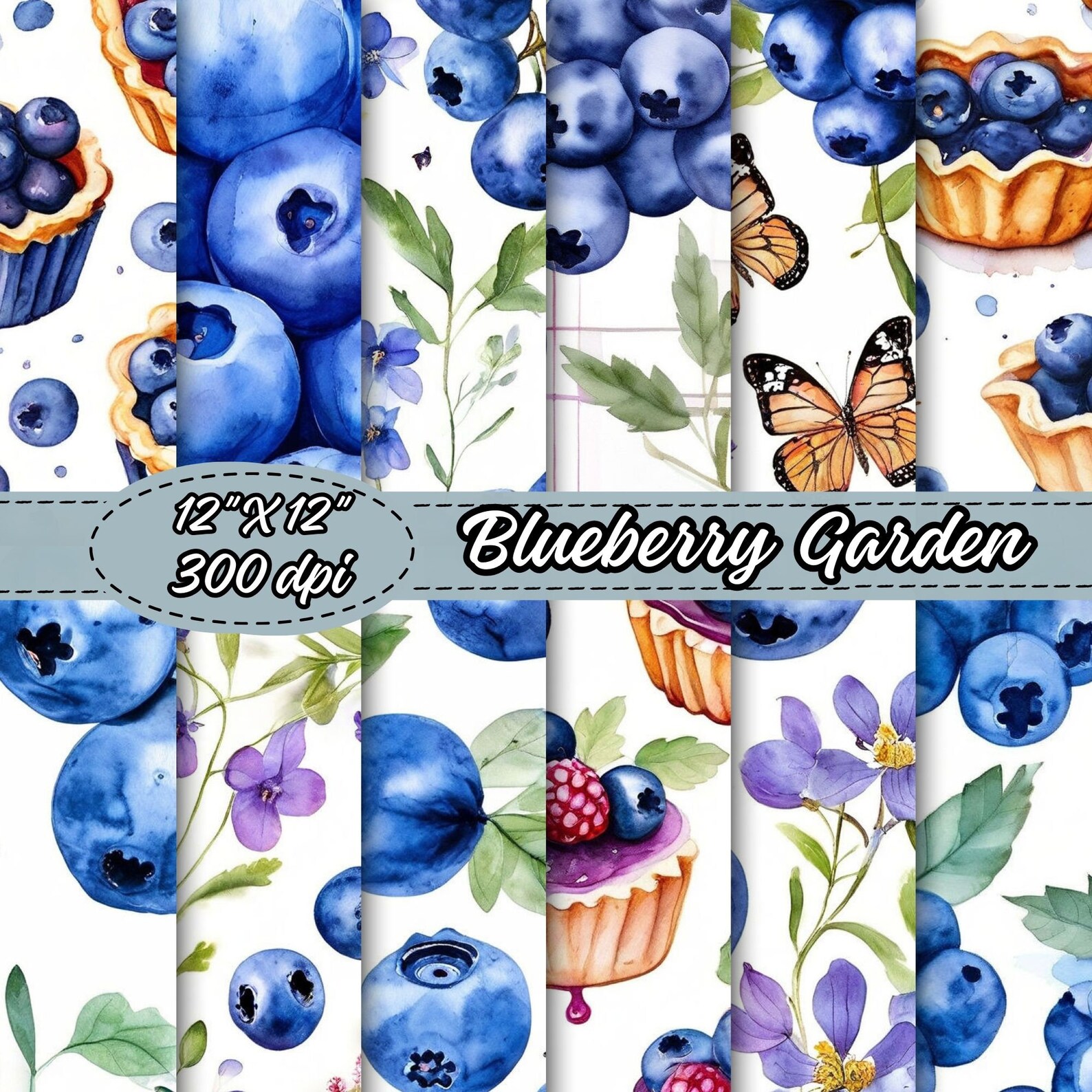 Watercolor Blueberry Pattern Digital Papers, Summer Themed Digital ...