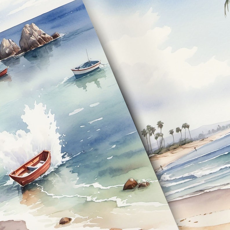 Watercolor Calm Seaside Digital Paper Pack, Summer Beach Digital ...