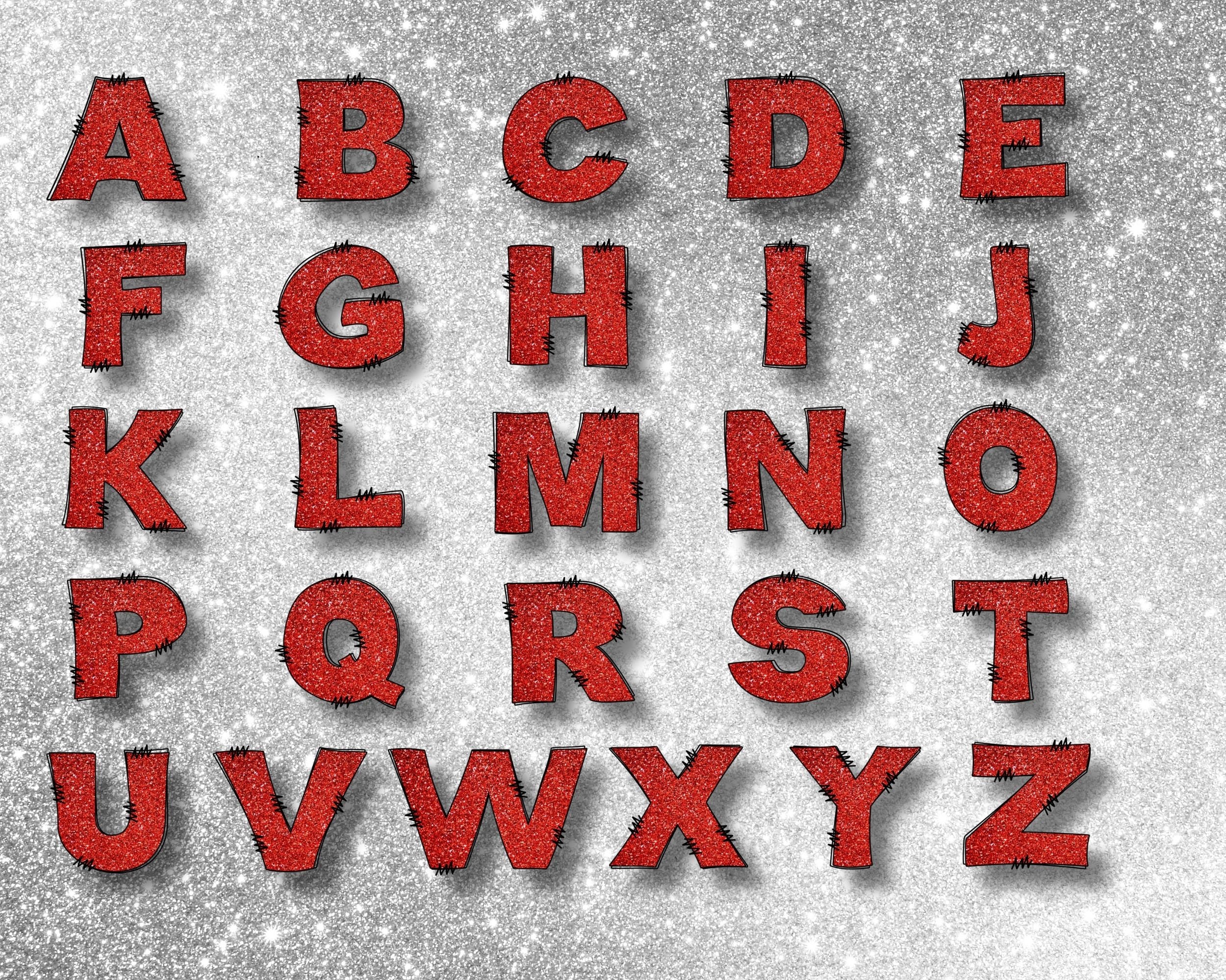 Red Glitter Doodle Letters Clip Art Set, Sparkle Font SVG, , Red ...