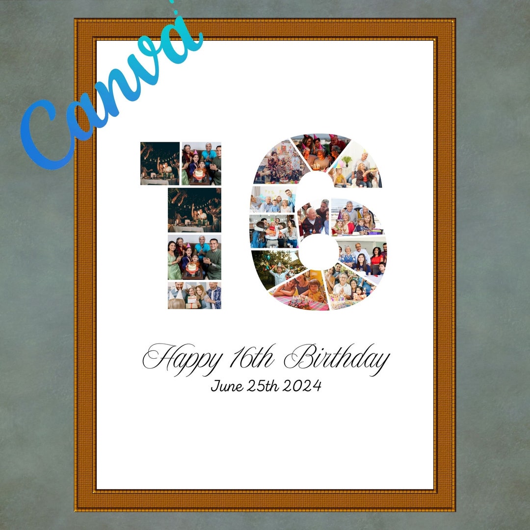 16th Birthday Number Photo Collage Frame, Customizable Canva Templates ...