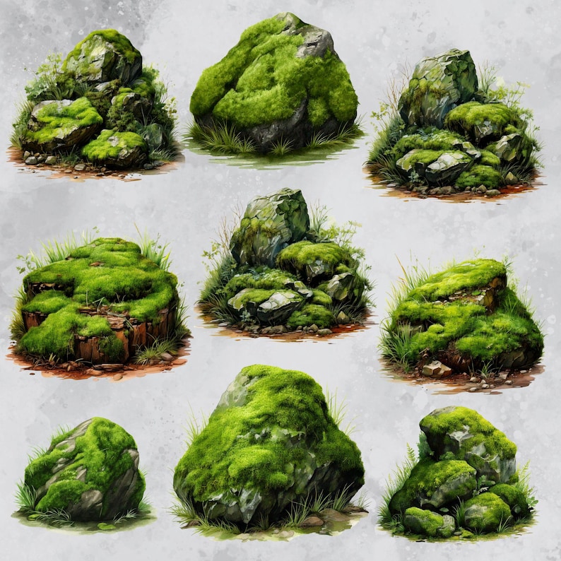 Watercolor Moss Clip Art Set, Mossy Rocks, Stumps and Logs ...