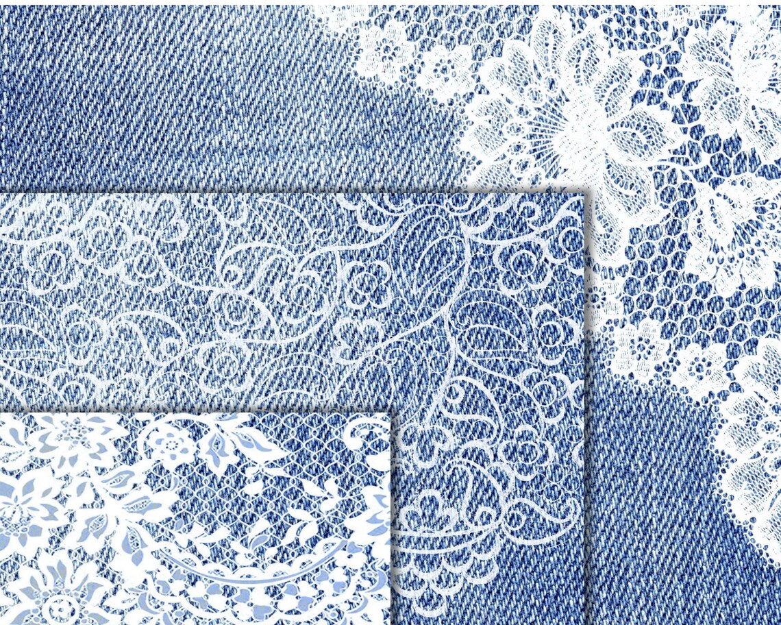 Denim & Lace Textured Digital Papers, Washed Denim Digital Background ...