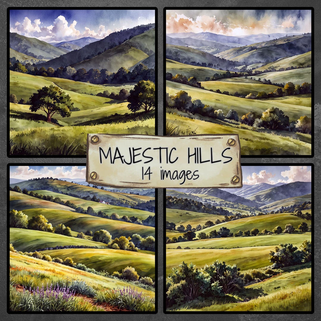 Green Hills Clip Art Bundle,watercolor Landscape Prints, Scenic ...
