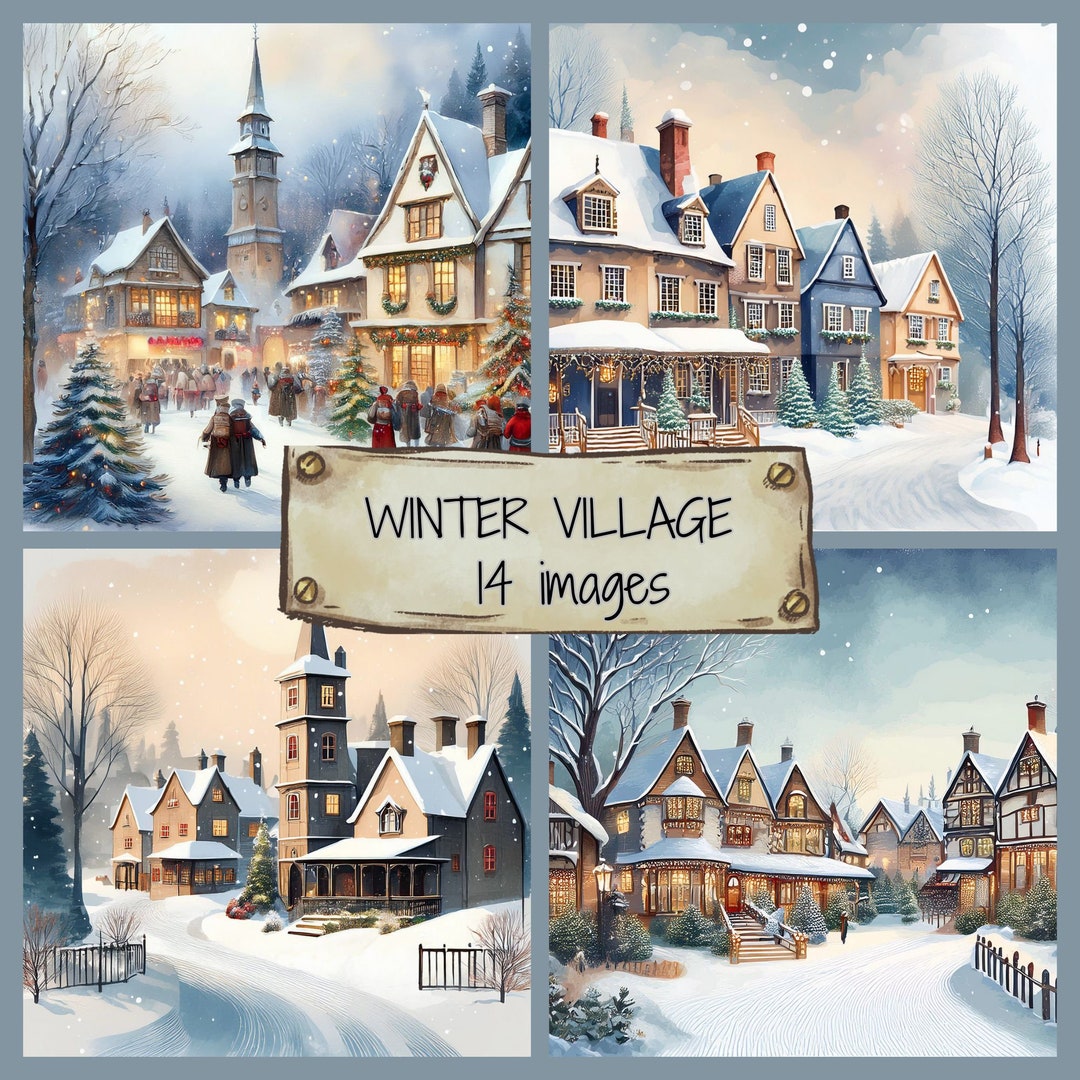 Winter Village JPG Clip Art Set, Snowy Village Scrapbooking Papers ...