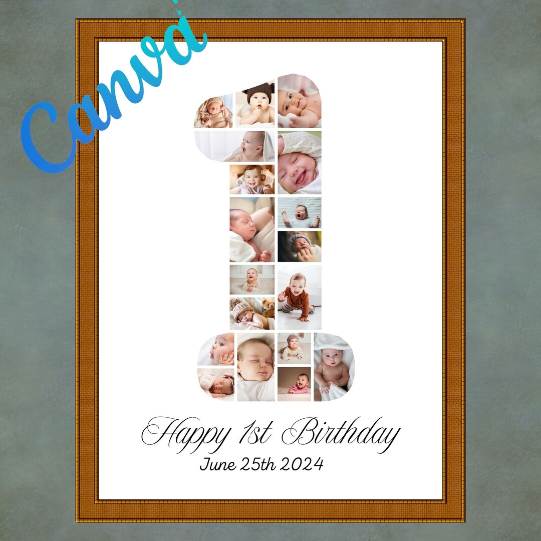 1st Birthday Number Photo Collage Frame, Customizable Canva Templates ...