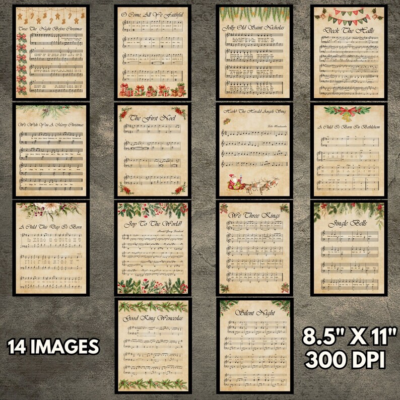 Vintage Christmas Sheet Music Digital Paper Pack 8.5"x11", Festive ...