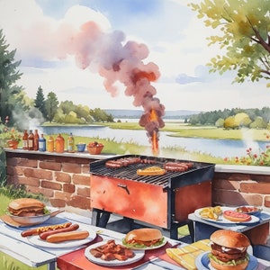 Watercolor Backyard Barbeque Digital Paper Pack, Summer Themed Digital ...