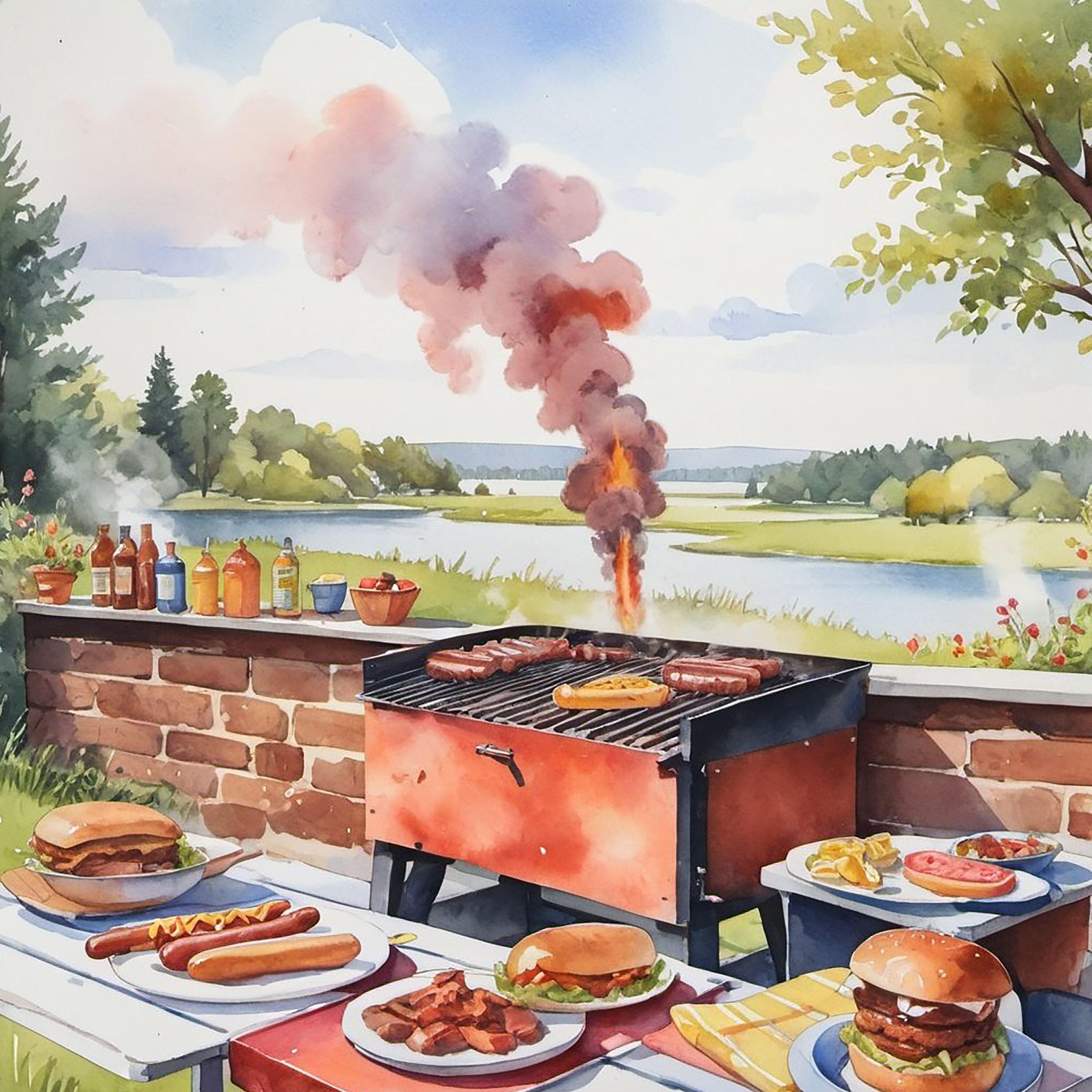 Watercolor Backyard Barbeque Digital Paper Pack, Summer Themed Digital ...