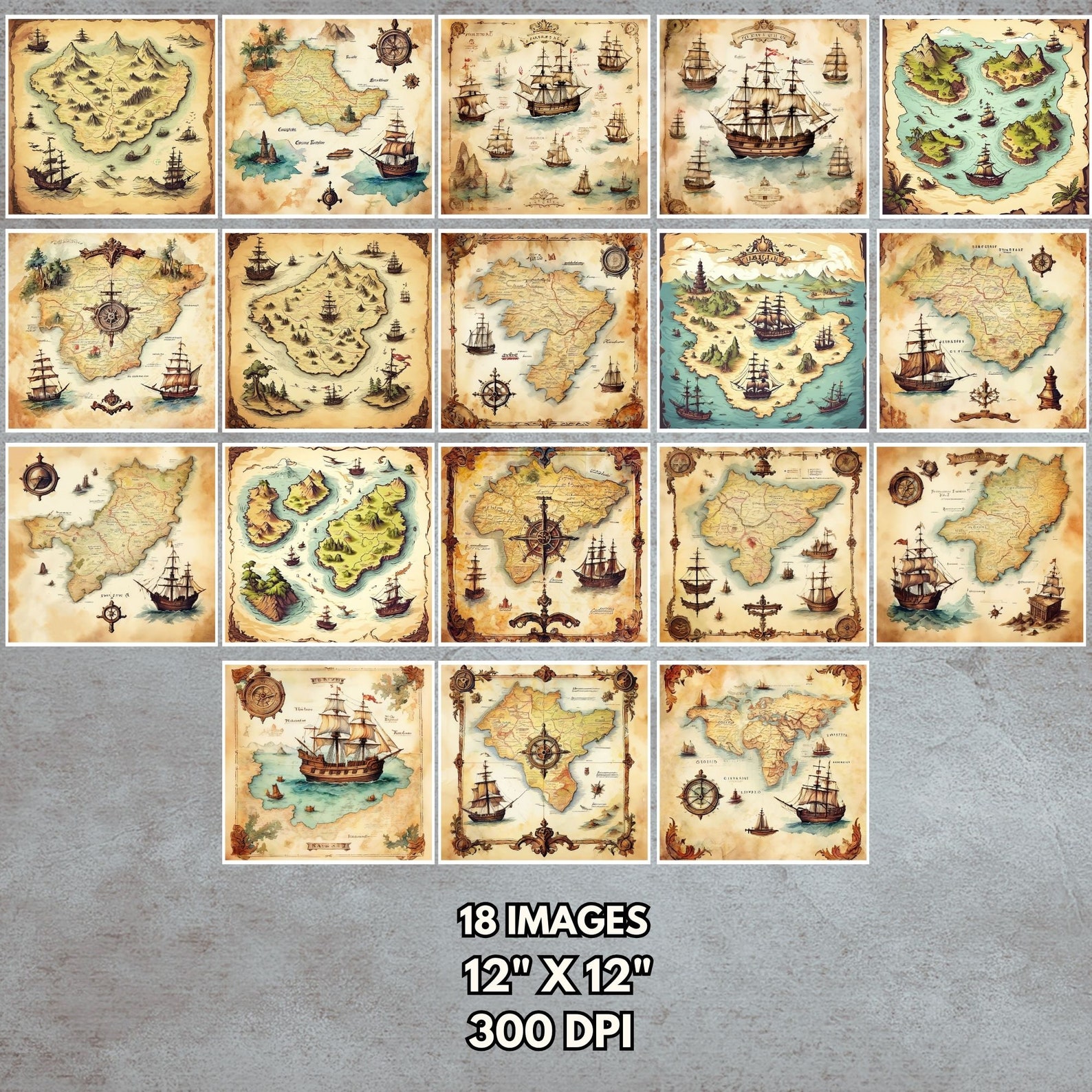 Vintage Treasure JPG Bundle,watercolor Treasure Map Scrapbook Paper ...