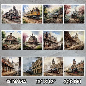 Watercolor Vintage Train Station Clipart Bundle, JPG Train Station ...