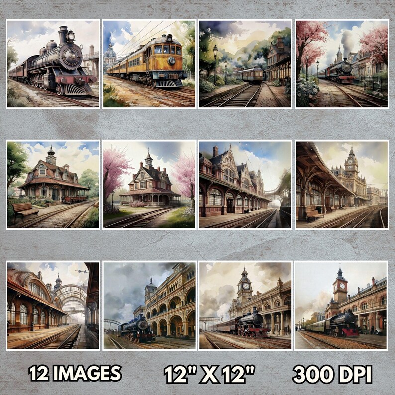 Watercolor Vintage Train Station Clipart Bundle, JPG Train Station ...