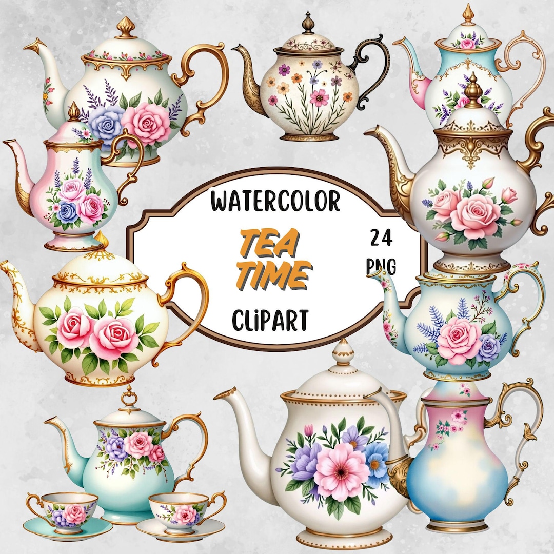 Watercolor Vintage Teapots Clipart Set | 24 Pngs| Victorian Tea Party ...
