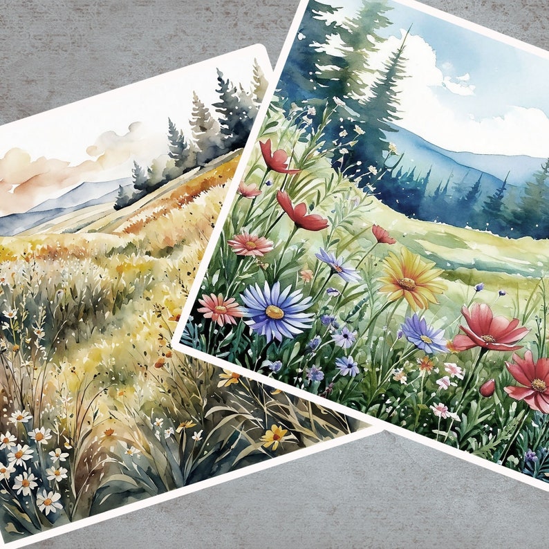 Watercolor Wildflower Meadow Digital Paper Pack, Flower Field Digital ...
